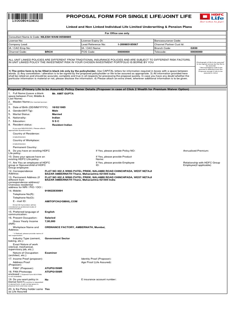 Proposal Form for Life Insurance | PDF | Insurance | Life Insurance