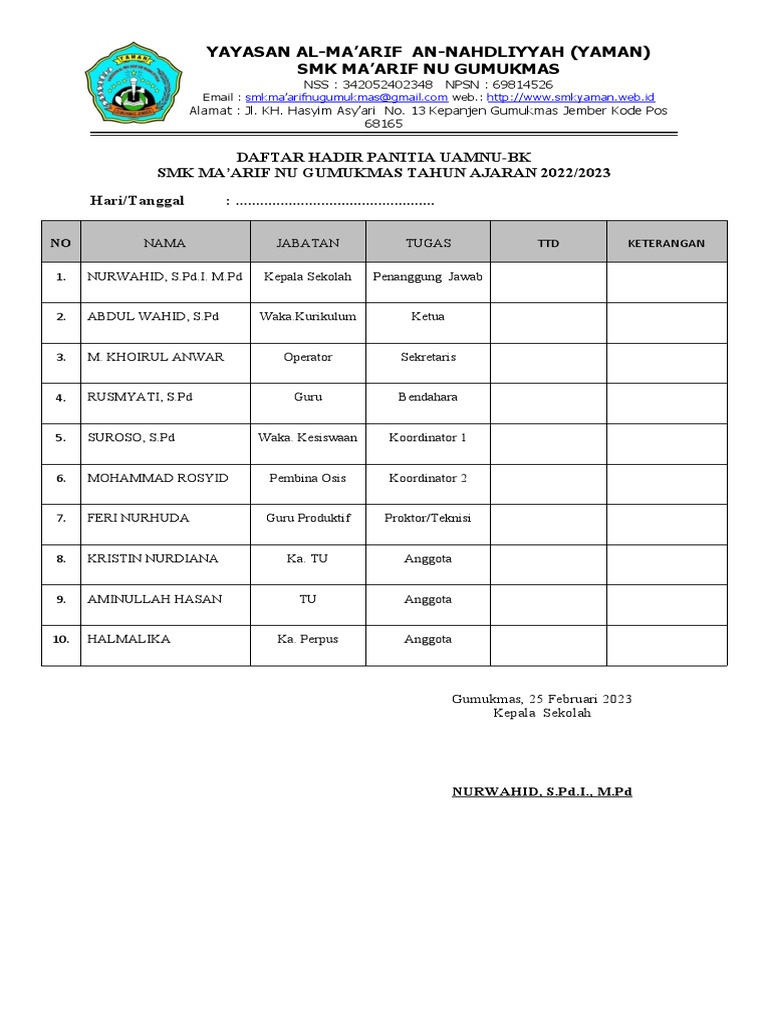 DAFTAR HADIR PANITIA 2023 | PDF