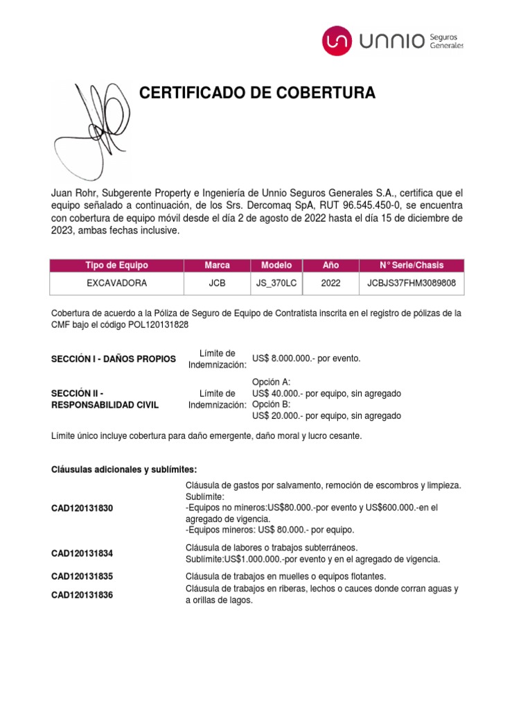 Certificado Cobertura Seguro | PDF