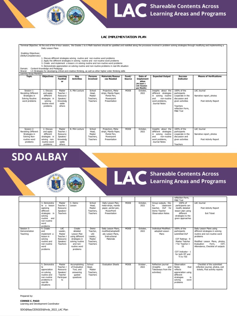Lac Implementation Plan - Connie Pago | PDF | Lesson Plan | Cognitive ...