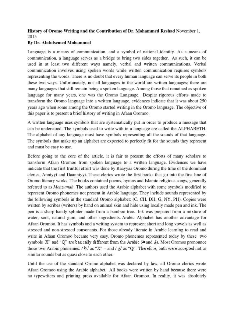 Oromo Writing History and Dr. Reshad's Role | PDF | Linguistics | Human ...