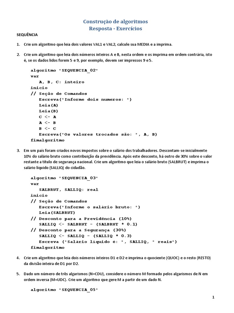 Construção De Algoritmos Exercícios De Sequência Lógica E Manipulação De Dados Pdf 