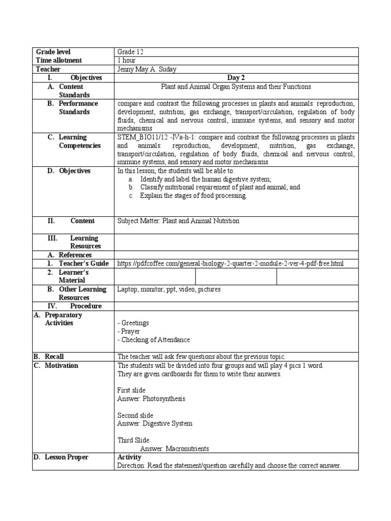 Class 12 Lesson Plan: Nutrition in Plants and Animals | PDF | Nutrition ...