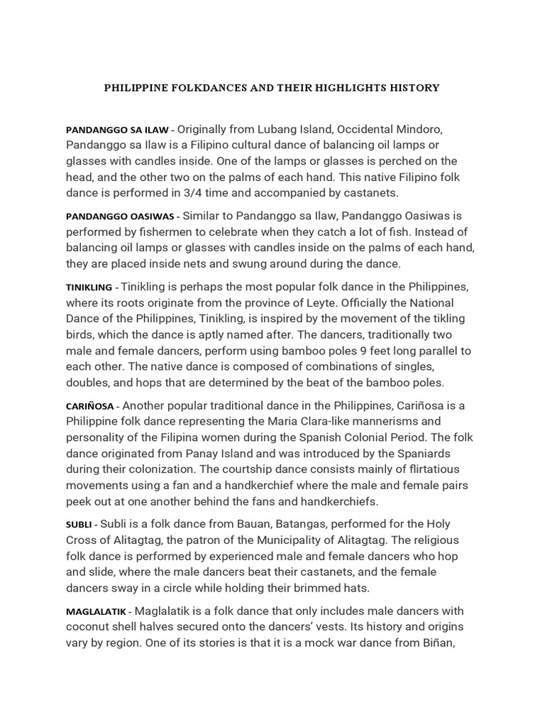 Philippine Folkdances and Their Highlights History - Marvin | PDF | Dances | Performing Arts