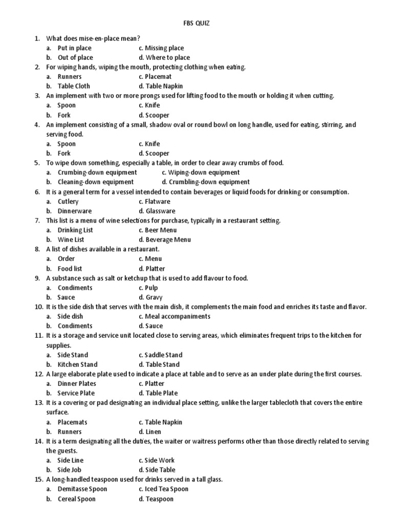 FBS Quiz | PDF | Tableware | Teaspoon
