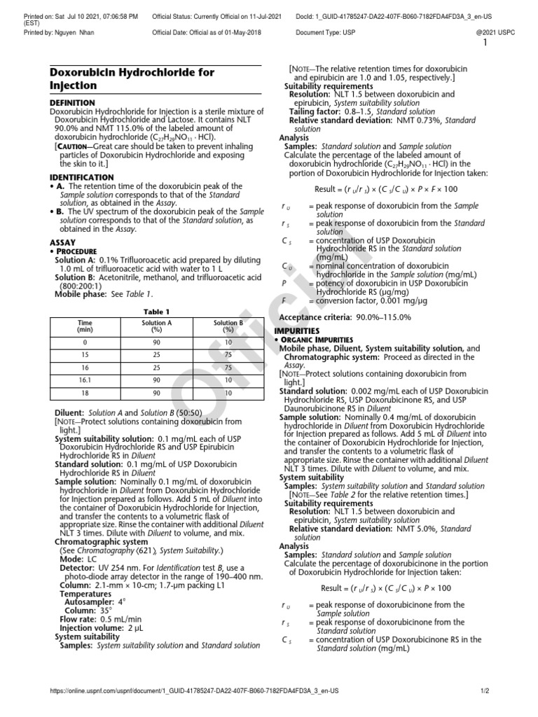Doxorubicin Hydrochloride For Injection | PDF | Chromatography ...