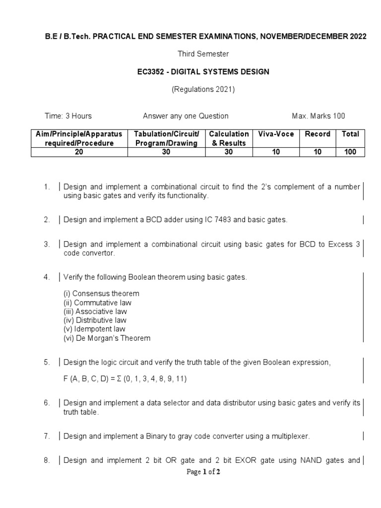 Digital Systems Design Practical Exam Combinational And Sequential Circuit Design Problems And