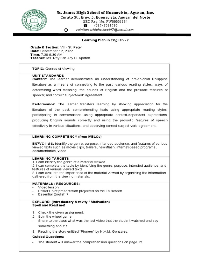 2nd - Weekly Learning Plan (English 7) | PDF | Reading Comprehension ...