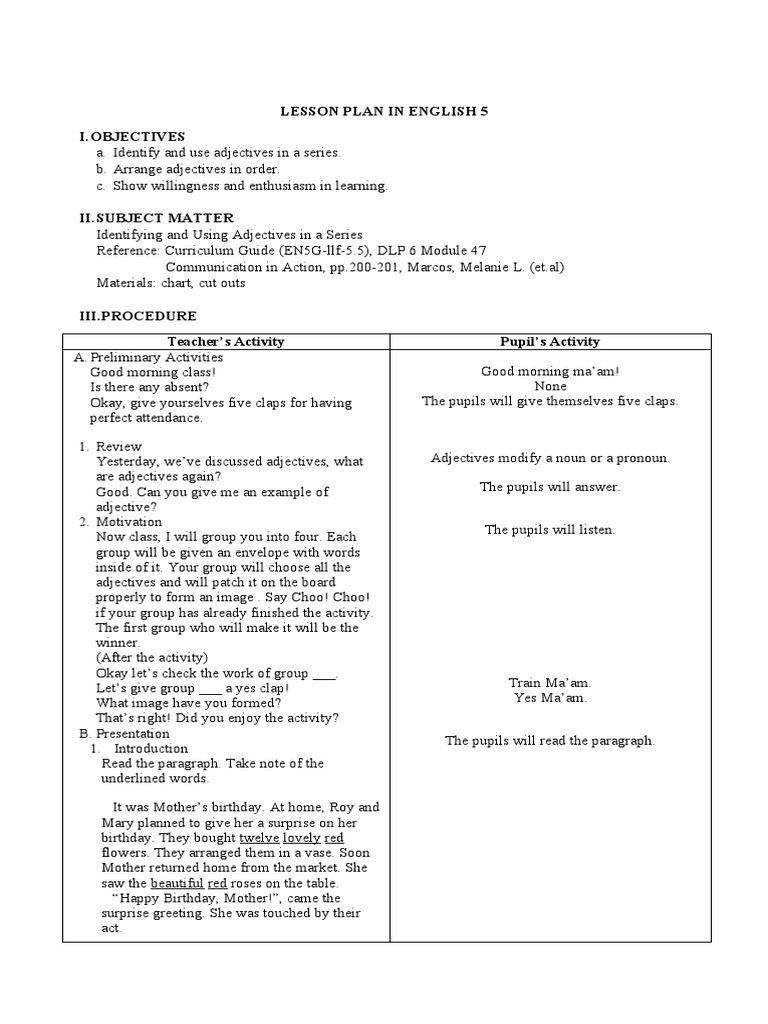 English Adjectives Lesson Plan | PDF | Adjective | Noun