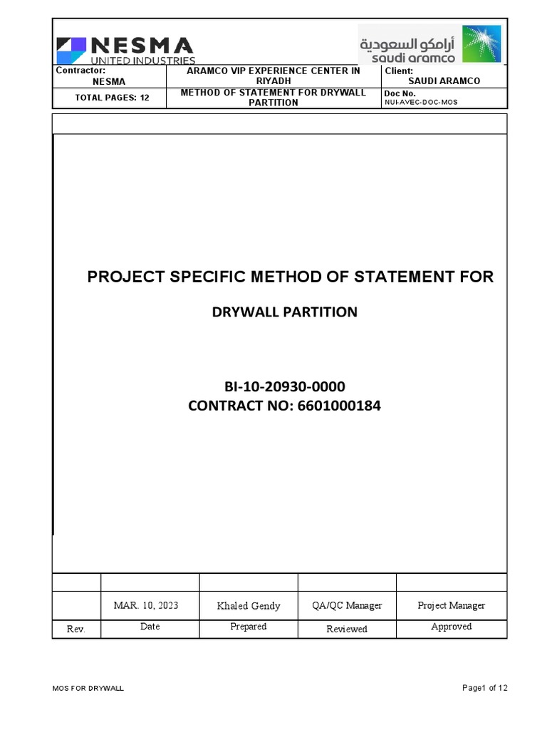 Method Statement for Drywall Partition | PDF | Building Materials ...