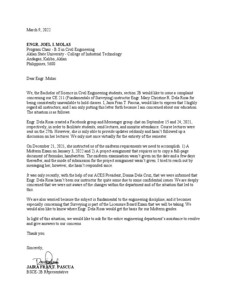 BSCE 2B Complaint Letter | PDF