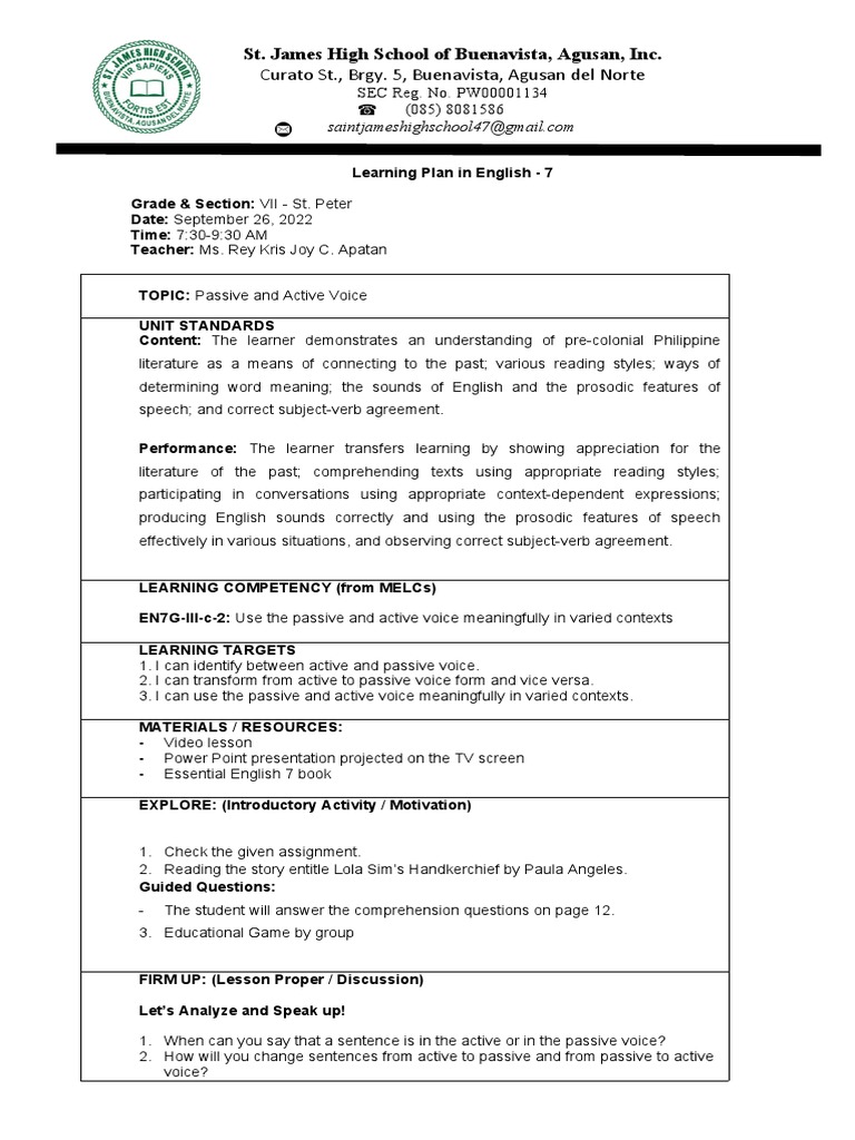 Weekly English Learning Plan: Voice Usage | PDF | Learning | Reading ...