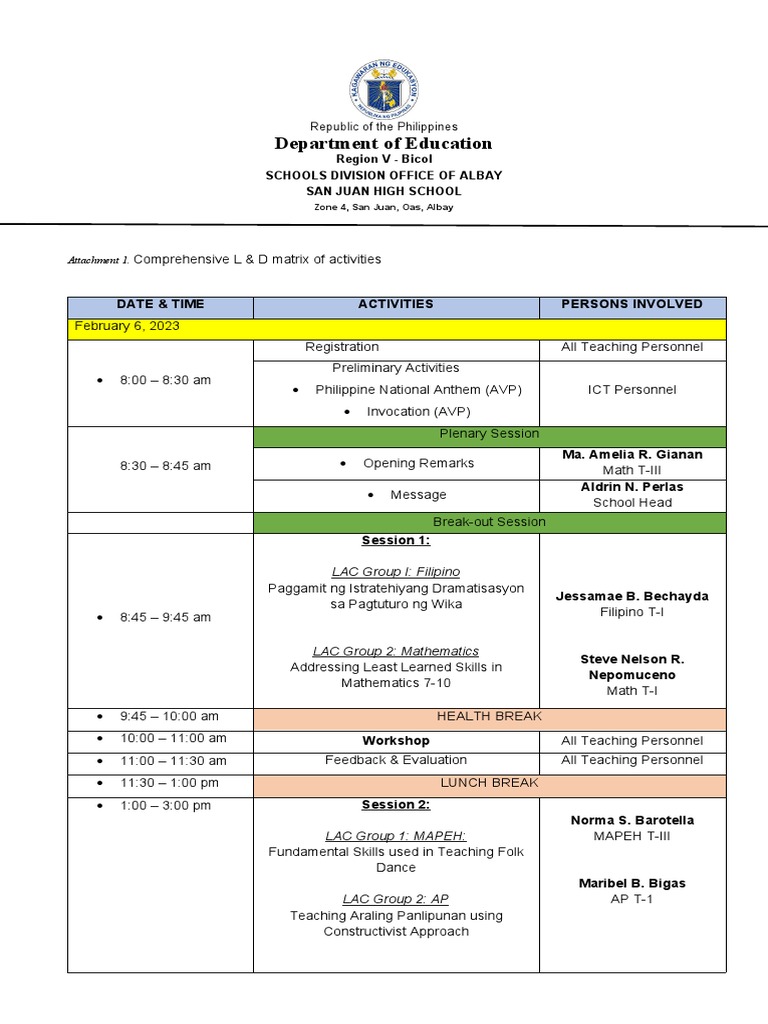 Comprehensive L&D Matrix of Activities Attachment 1 | Download Free PDF ...