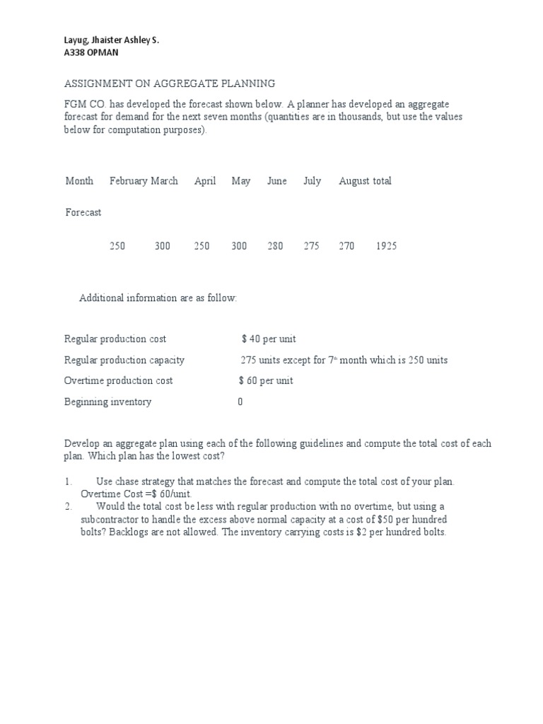 Dimla Selene S Assignment On Aggregate Planning | PDF | Economies | Business