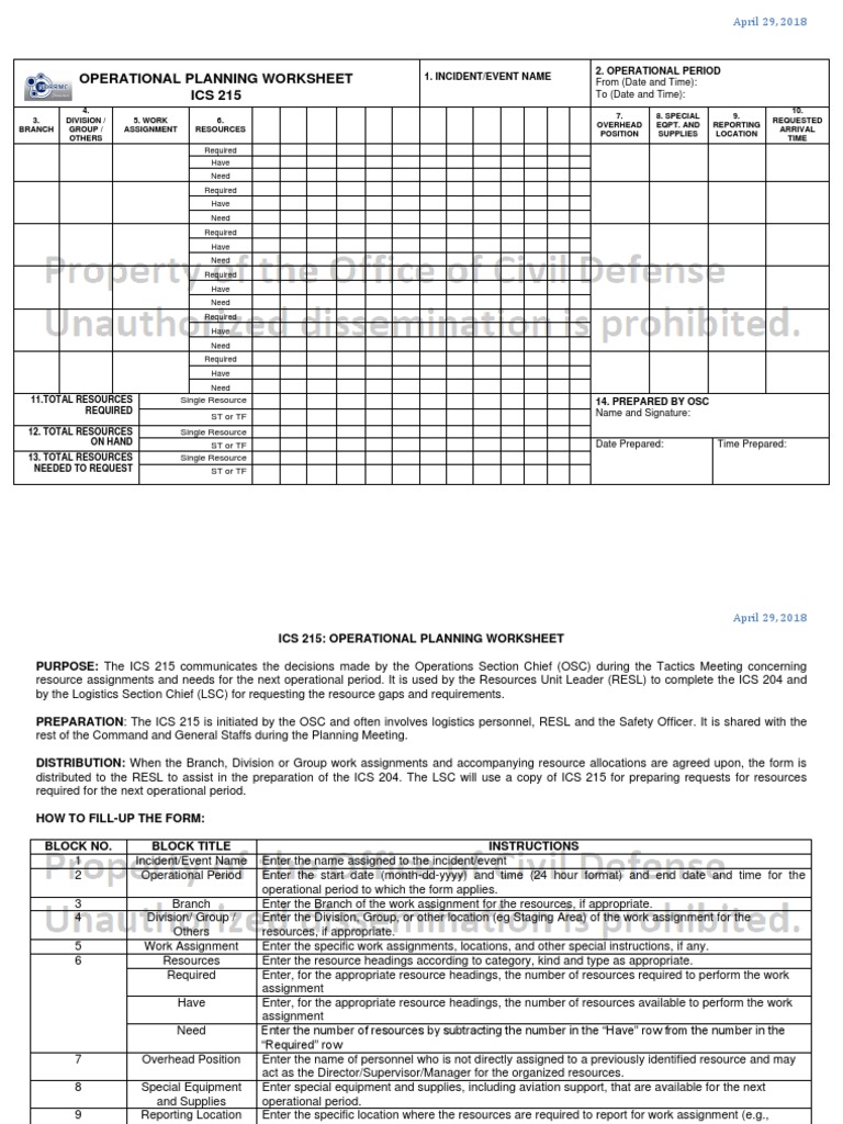 ICS 215 Operational Planning Guide | PDF | Incident Command System ...