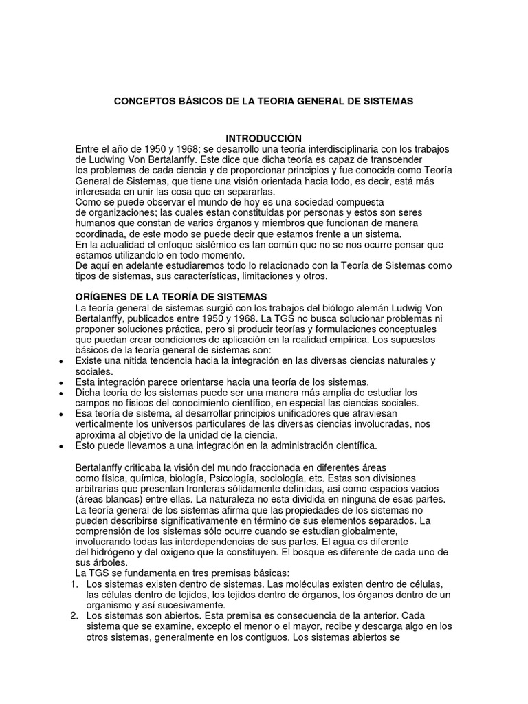 Conceptos Basicos de La Teoria General de Sistemas | PDF | Teoría de ...