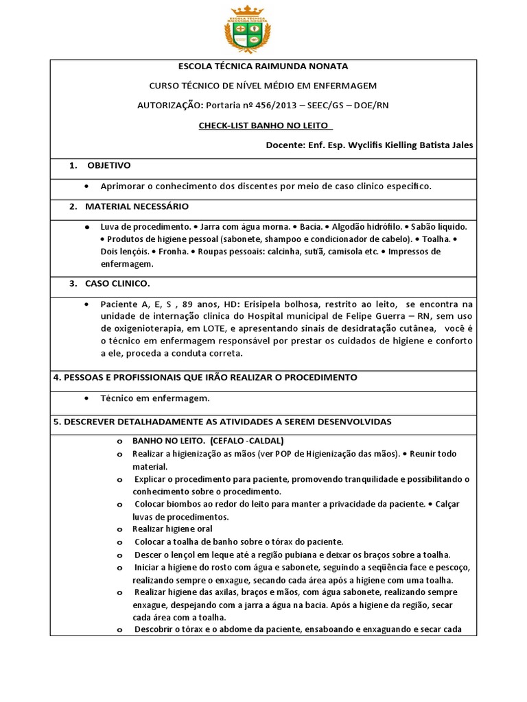 Check-list para Banho no Leito | PDF | Enfermagem | Especialidades médicas