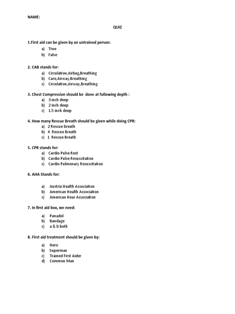 First Aid and CPR Quiz Questions | PDF | Wellness