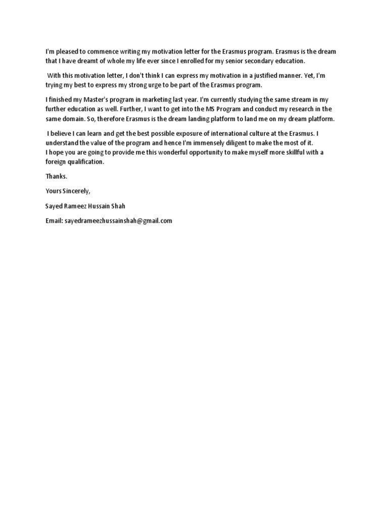 Erasmus Motivation Letter: Marketing MS | PDF