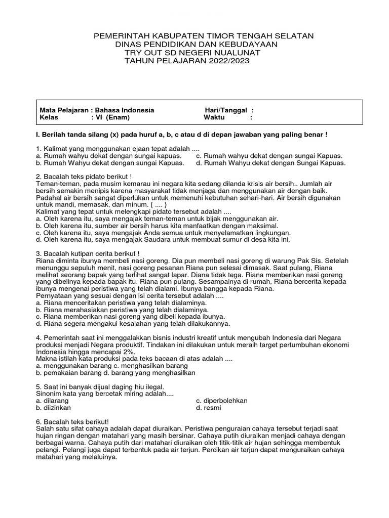 Soal UAS Bahasa Indonesia Kelas 6 Semester 1 Tahun 2019-2020 PDF | PDF