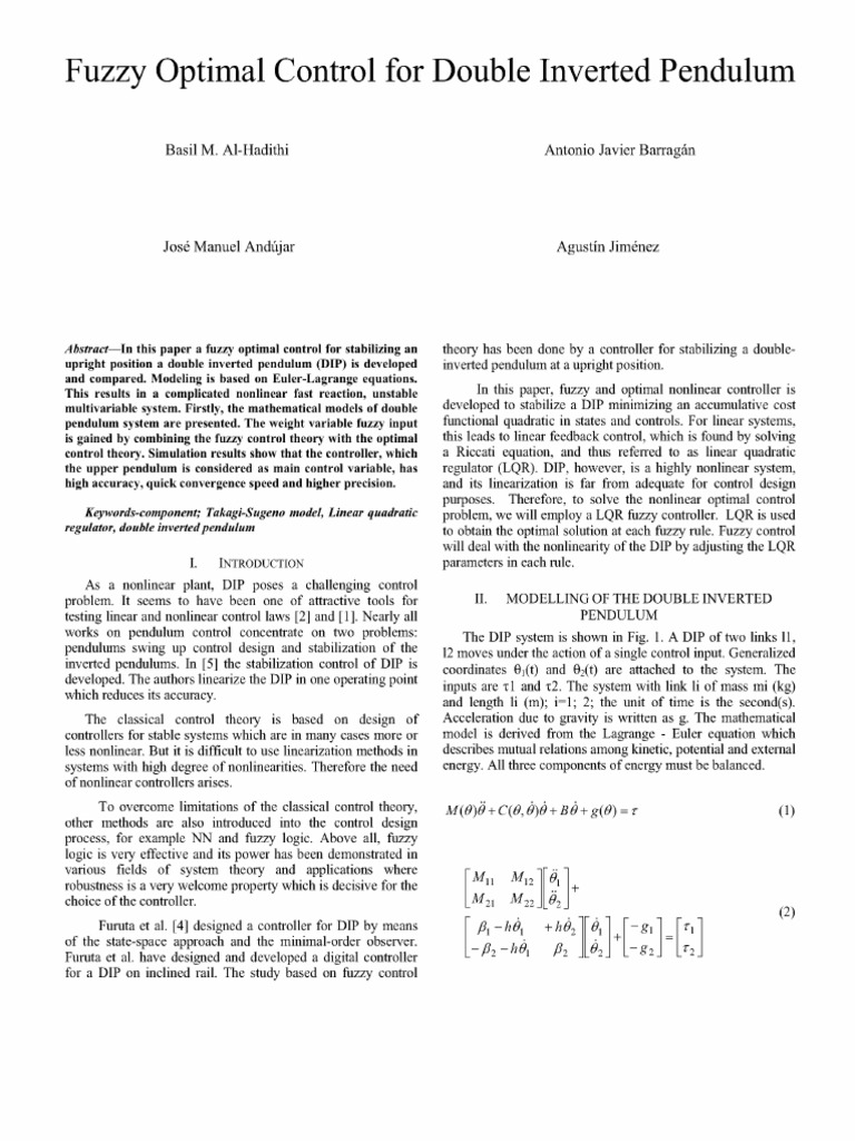 Fuzzy Optimal Control For Double Inverted Pendulum | PDF | Nonlinear System | Control Theory