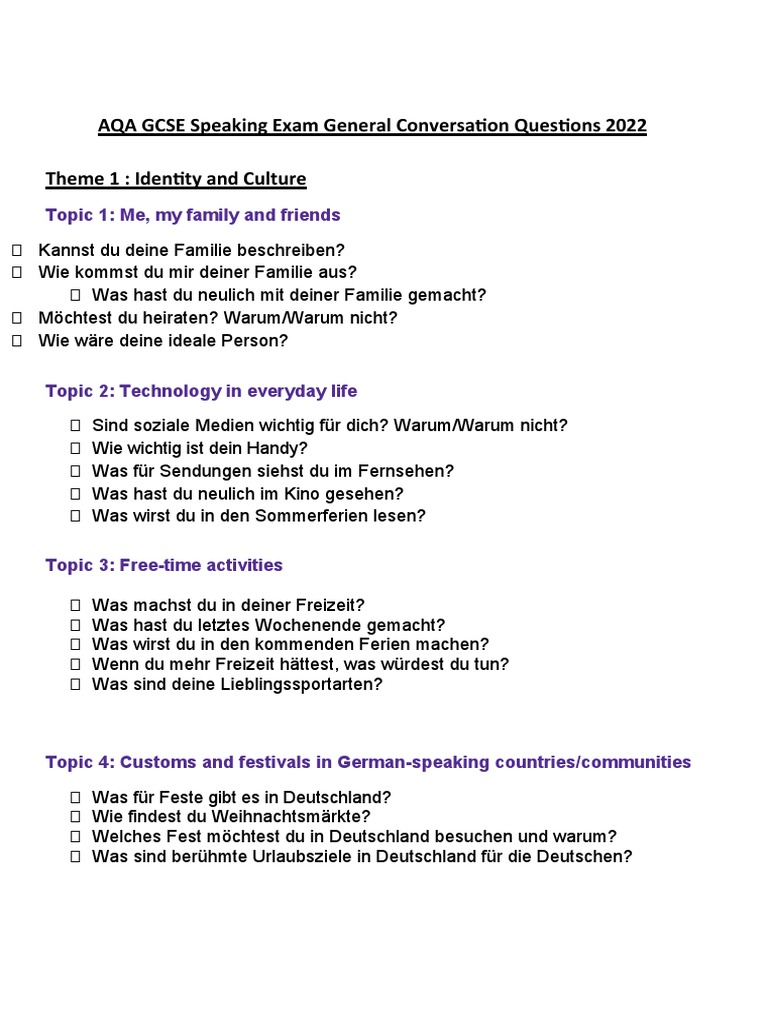 GCSE German Speaking Theme Questions 2023 | PDF