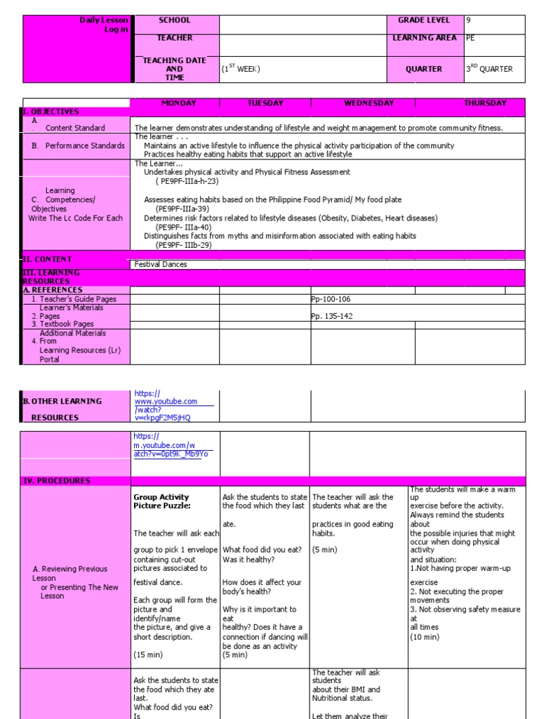 PE Lesson Plan: Lifestyle & Fitness | PDF | Obesity | Learning