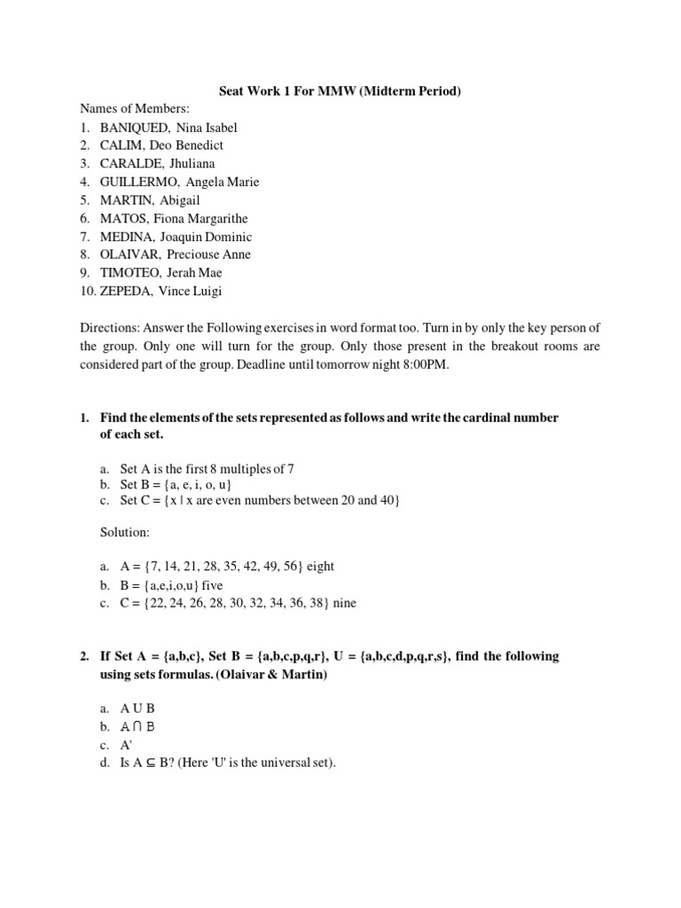 Seat Work 1 For MMW | PDF | Function (Mathematics) | Mathematical Analysis