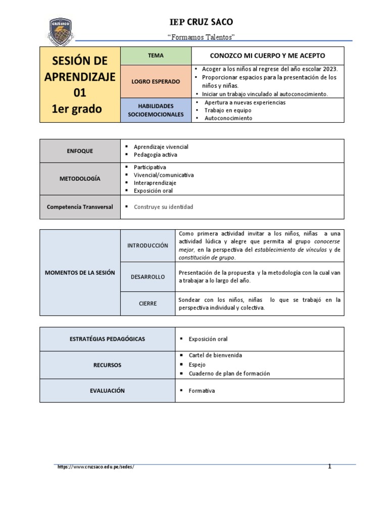 1er Prim - 01 - Sesión - Conozco Mi Cuerpo y Me Acepto | PDF | Cognición