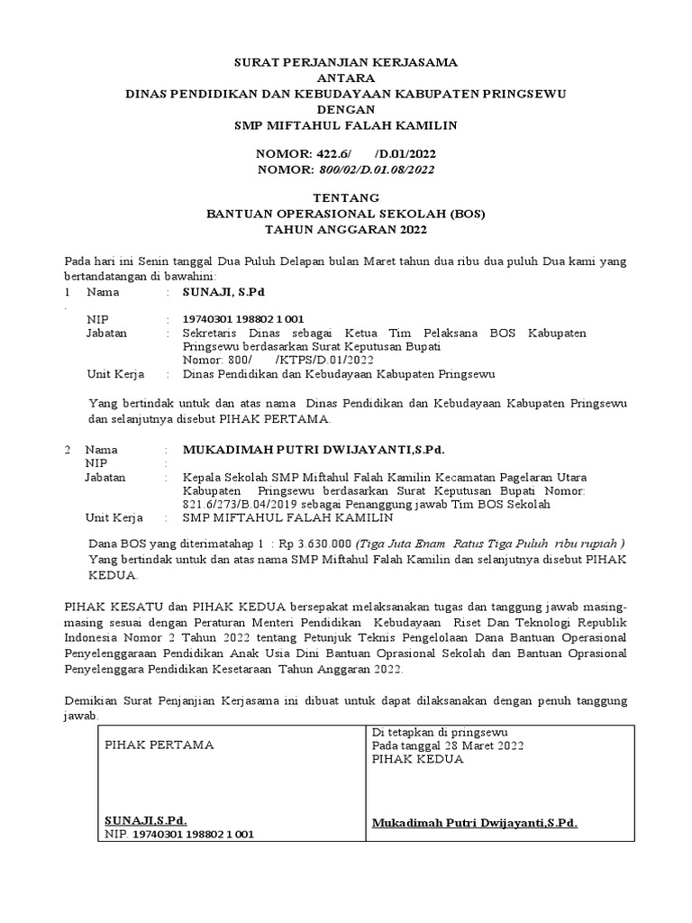 MOu BOS 2022 Tahap 1 | PDF