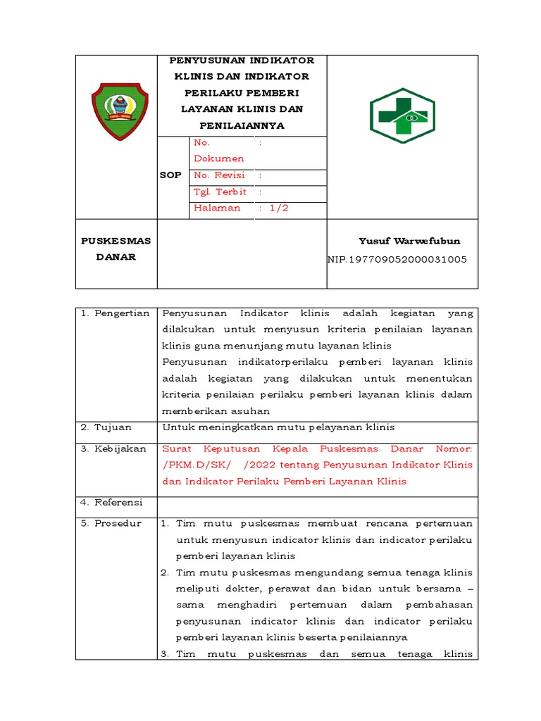 Akreditasi Ep 3. SOP PENYUSUNAN INDIKATOR KLINIS DAN INDIKATOR PERILAKU ...