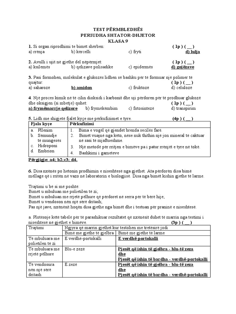 Testi Permbledhes 9.1 Periudha e Pare - Me Pergjigje | PDF