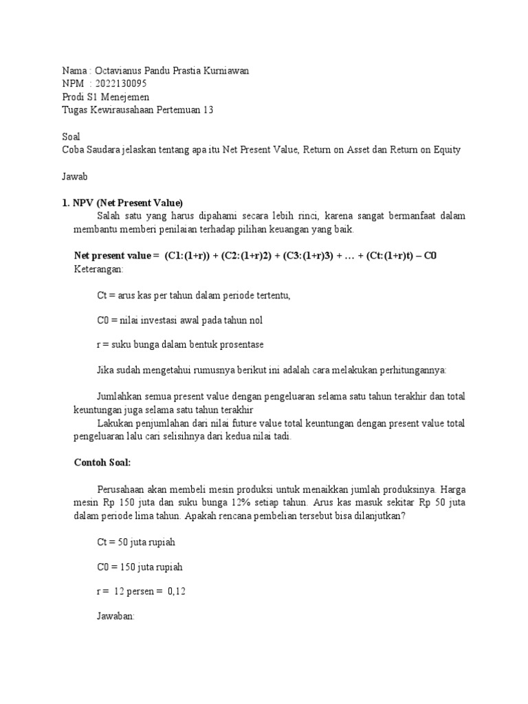 Tugas KWU Pertemuan 13 NPV, ROA Dan ROE | PDF