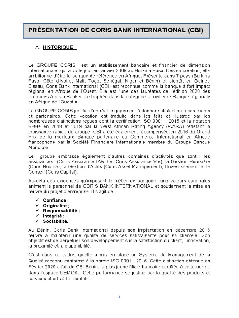 Présentation de Coris Bank International | PDF | Banques | Banque et ...