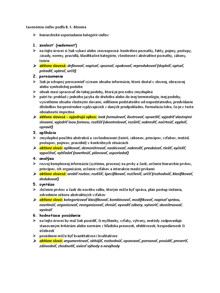 Taxonómia Cieľov Podľa Blooma | PDF