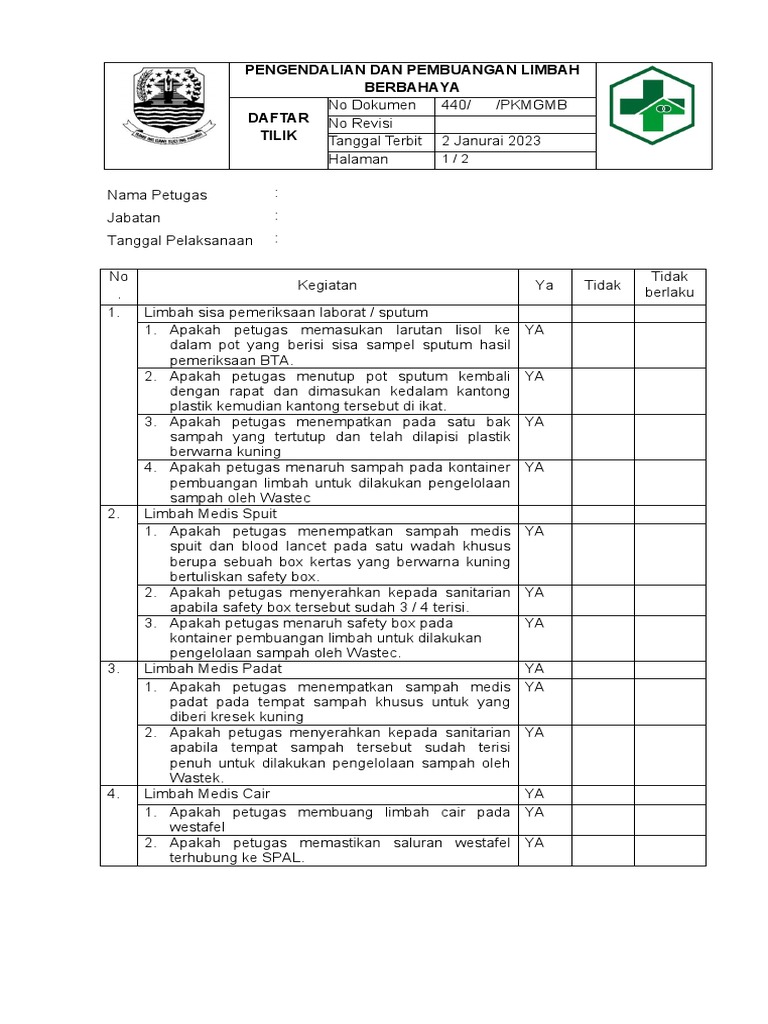 Daftar Tilik Pengendalian Dan Pembuangan Limbah Bebahaya | PDF Daftar Tilik Pengendalian Dan Pembuangan Limbah Bebahaya | PDF