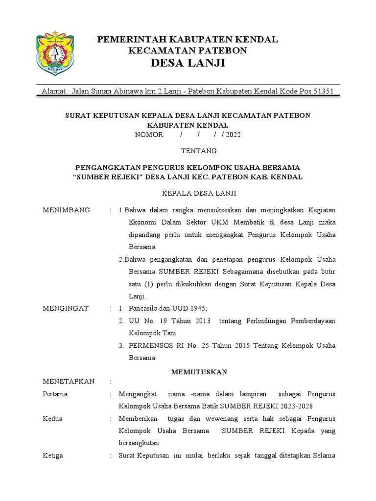 Pengangkatan Pengurus KUB Sumber Rejeki | PDF