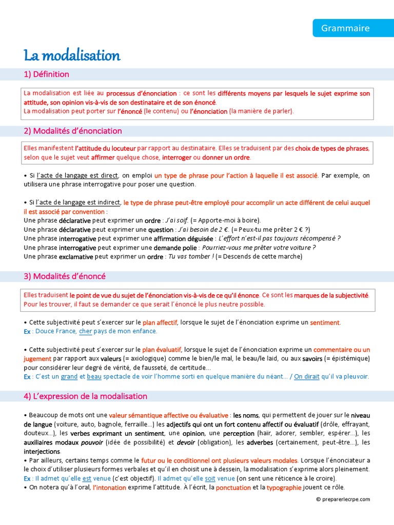 Grammaire La Modalisation | PDF | Phrase | Syntaxe