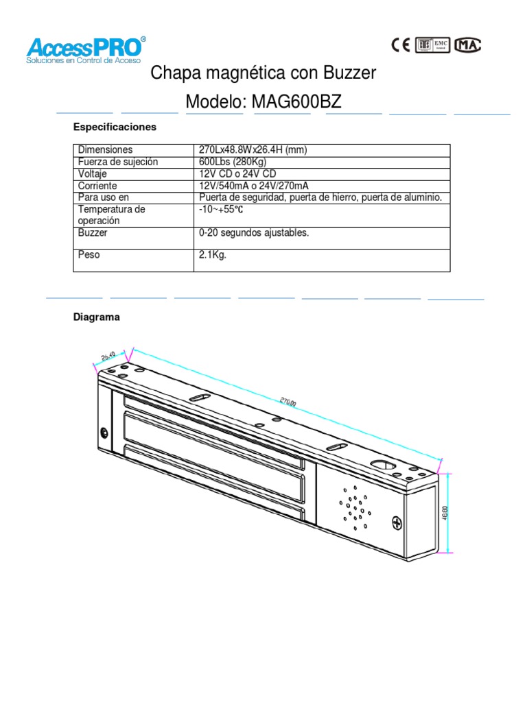 Manual de instalación y especificaciones técnicas para chapa magnética con buzzer modelo ...