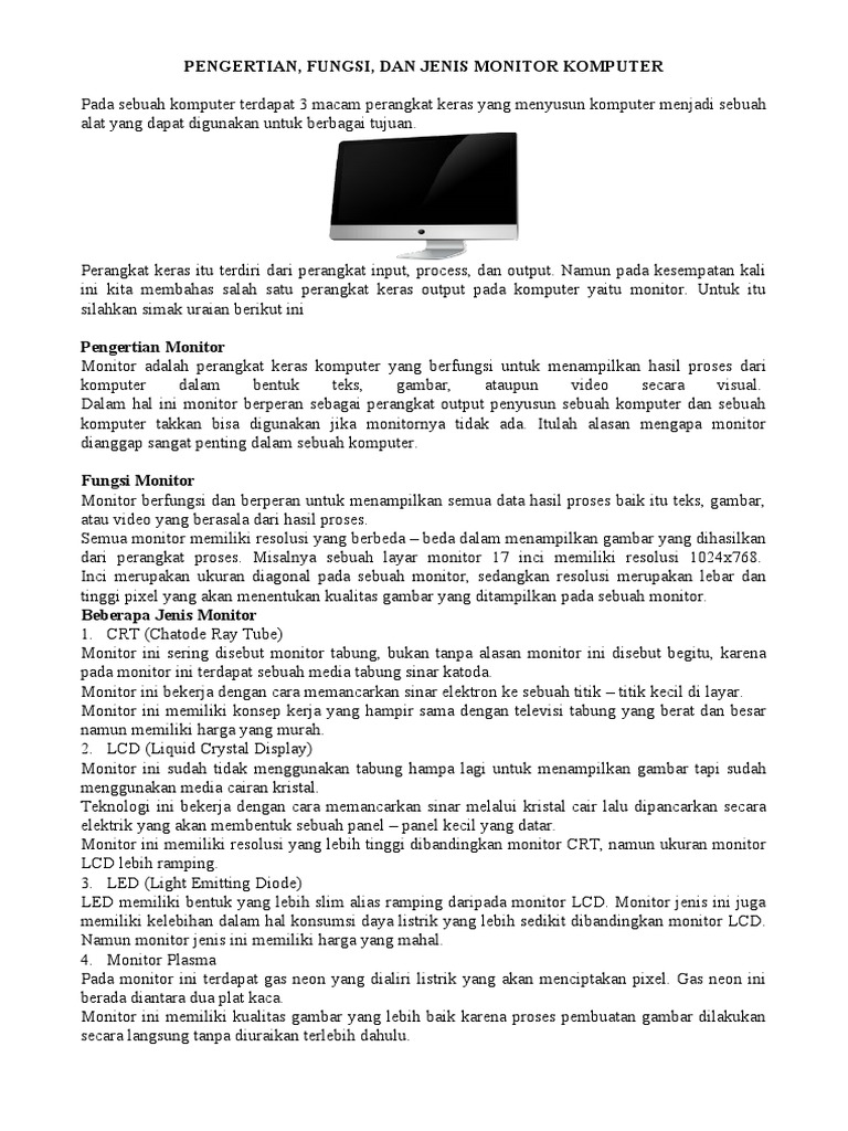 Pengertian, Fungsi, Dan Jenis Monitor Komputer | PDF