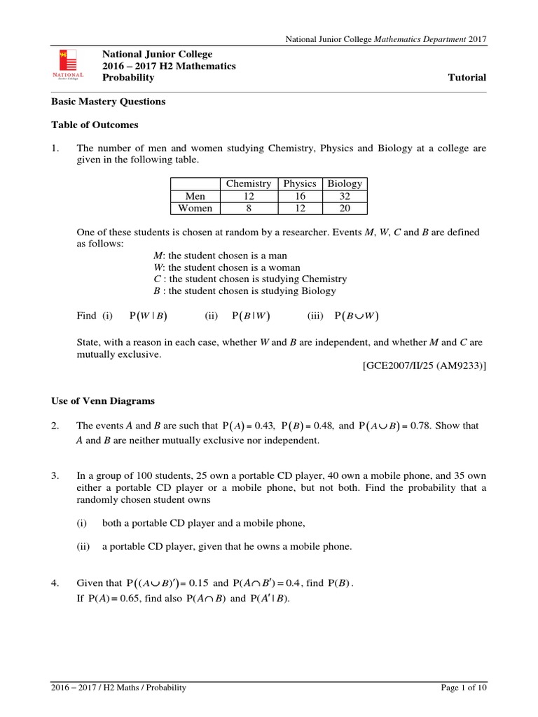 2016 - 2017 H2 Maths Probability Tut Final | PDF | Probability ... 2016 - 2017 H2 Maths Probability Tut Final | PDF | Probability ...