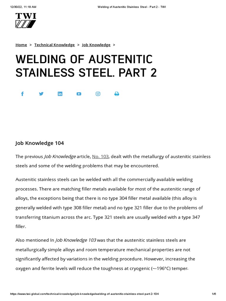 Welding of Austenitic Stainless Steel - Part 2 - TWI | PDF | Stainless ...