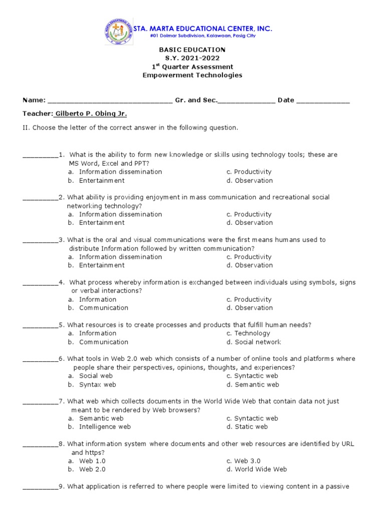 1st Quarter Assessment - ET 11 | PDF | World Wide Web | Internet & Web