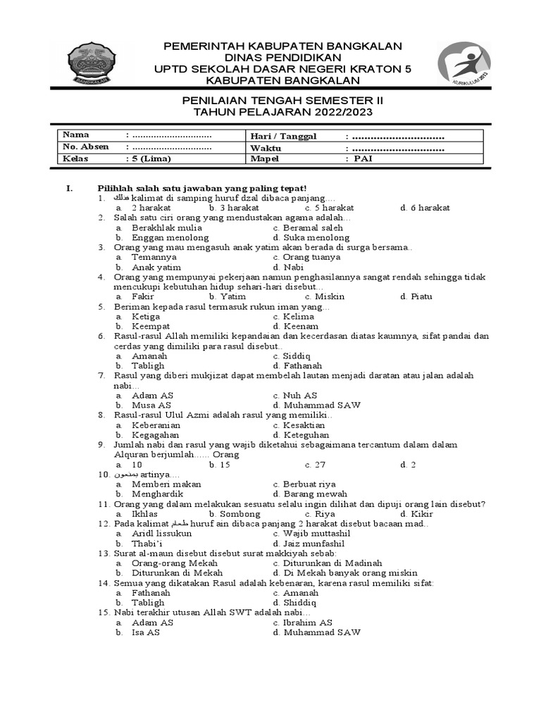 Contoh PTS PAI KELAS 5 | PDF