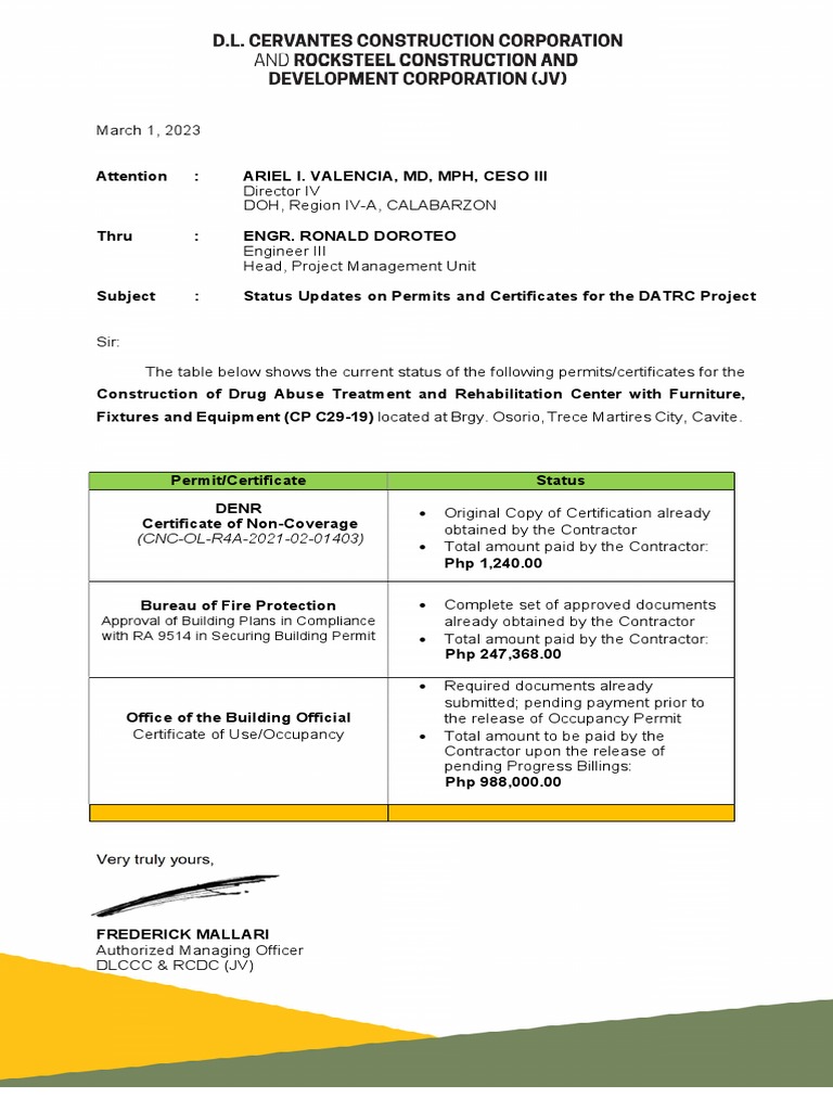 Status Updates On Permits and Certificates For The DATRC Project | PDF