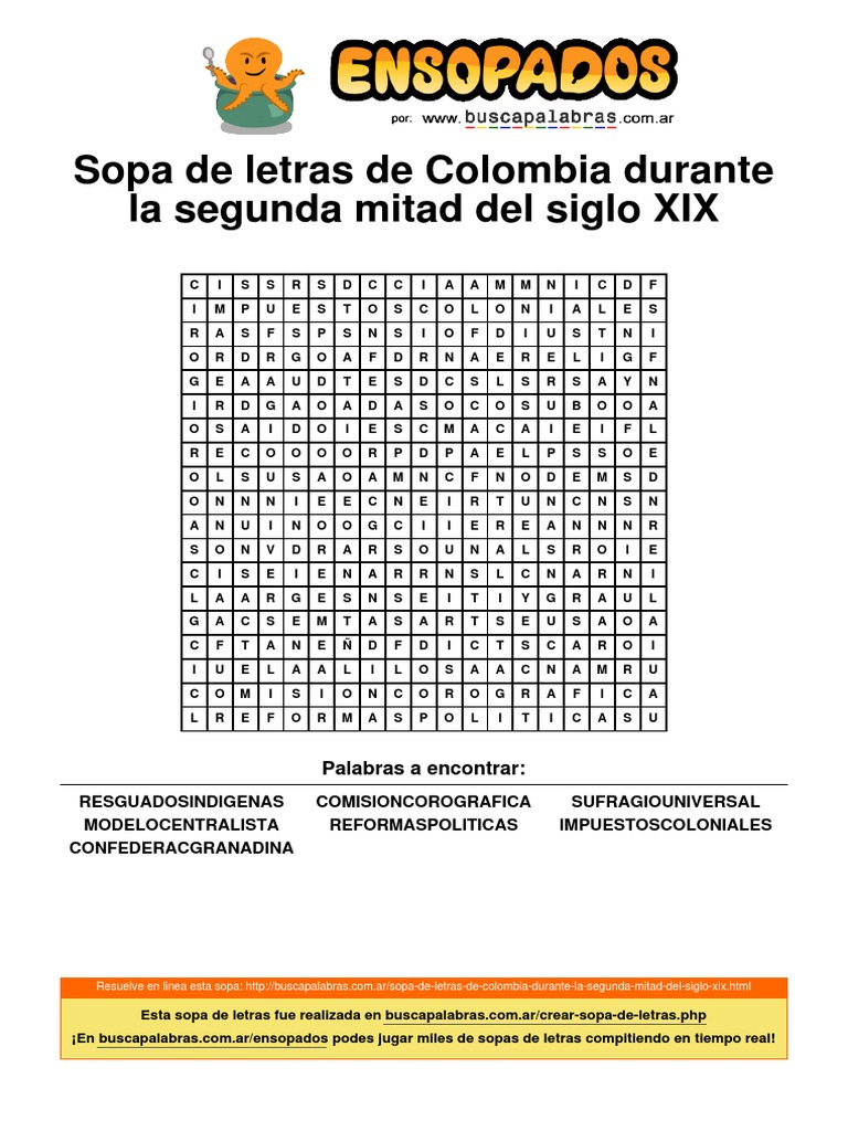 Sopa de Letras de Colombia Durante La Segunda Mitad Del Siglo Xix | PDF