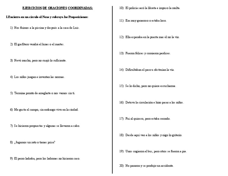EJERCICIOS DE ORACIONES COORDINADAS | PDF