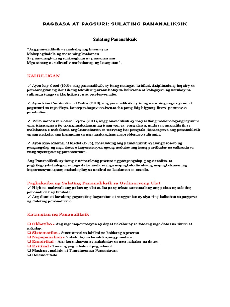 PAGBASA-AT-PAGSURI - Pre-Final-Exam Reviewer | PDF