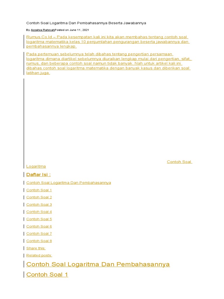 Contoh Soal Logaritma Dan Pembahasannya Beserta Jawabannya | PDF | Komputer