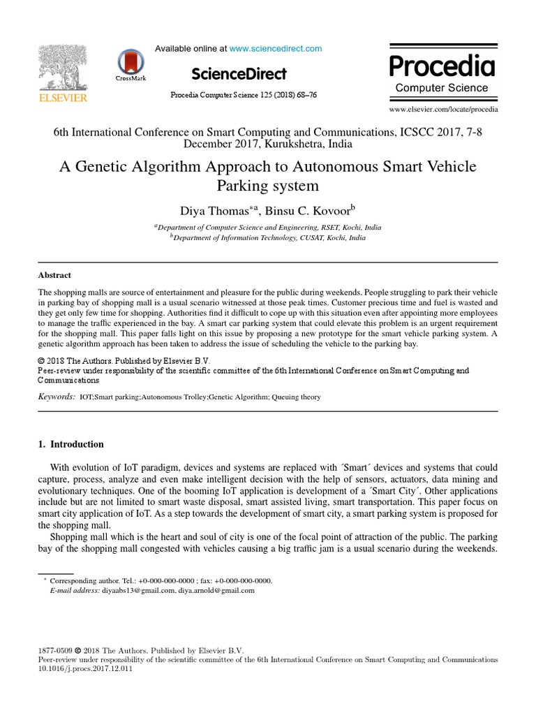 A Genetic Algorithm Approach To Autonomous Smart Vehicle Parking System Pdf Genetic